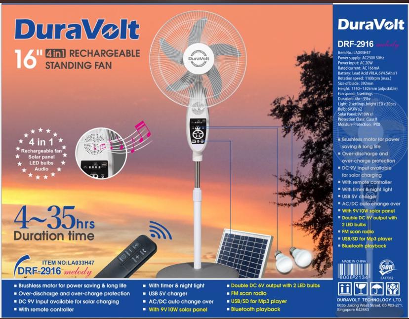 Duravolt 16 inches Rechargeable Fan with Solar Panel | DRF 3916 Solar ...